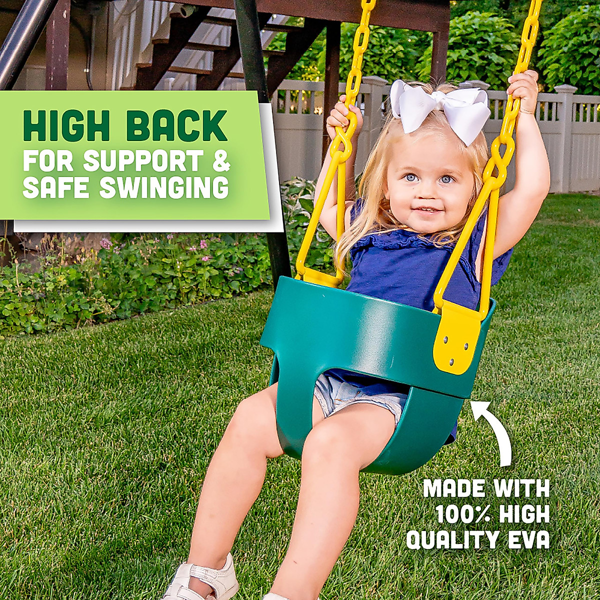 Deluxe High Back Full Bucket Toddler Swing with Exclusive Chain & Triangle Dip Pinch Protection - Green - Squirrel Products