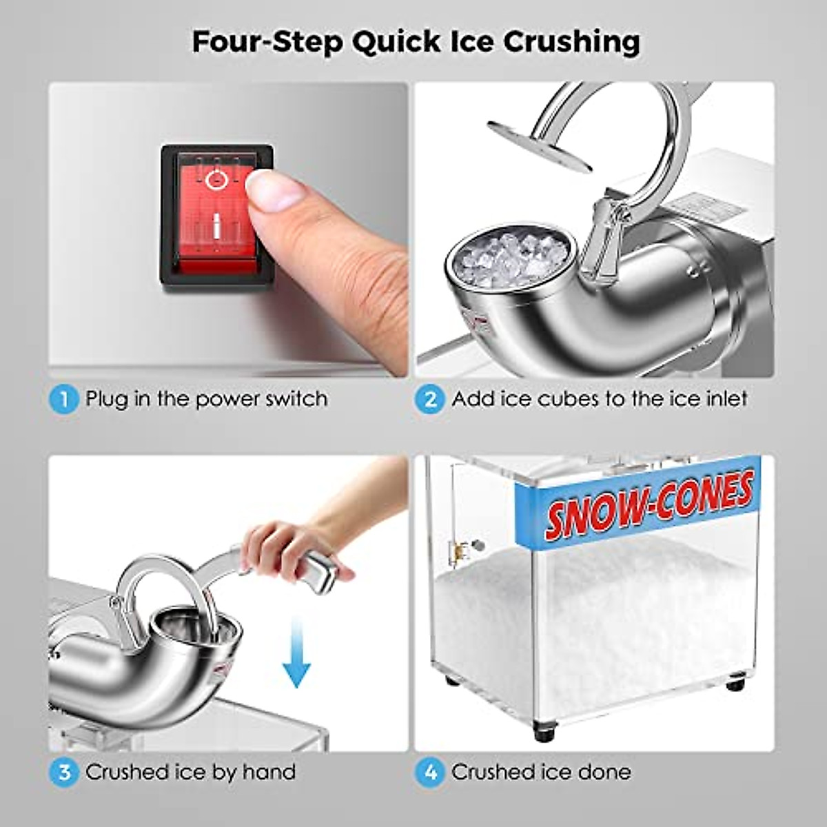 BESRTWE 250W Shaved Ice Machine, 110V Electric Snow Cone Machine with Dual Blades, 440lbs/hr Stainless Steel Ice Crusher Machine with 34L Acrylic Ice Storage Box, for Home and Commercial Use