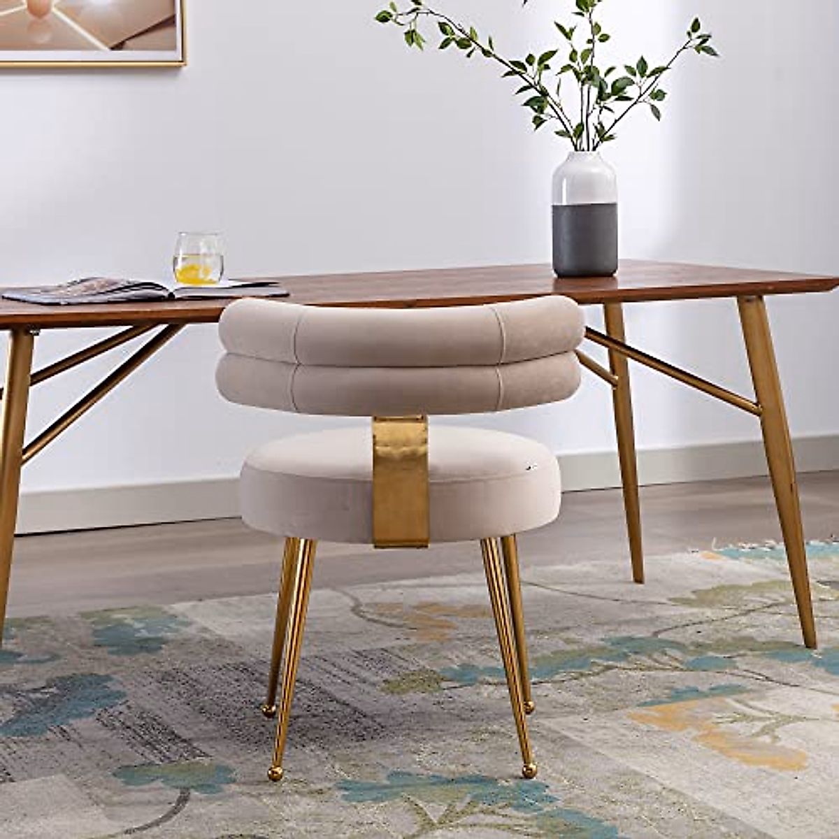 HomSof, Beige Upholstered Curve-Back Dining Modern Velvet Accent Chair with Metal Legs