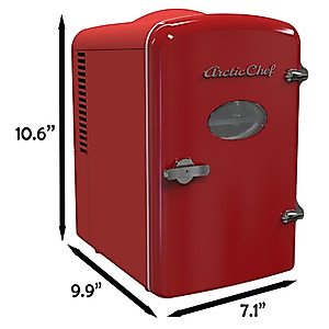 ARCTIC CHEF RMIS129RED RMIS129-RED RCA Mini Portable Compact Personal Fridge Cooler, 4 Liter Capacity Chills Six 12 oz Cans, 100% Freon-Free & Eco Friendly, Includes Multiple Chargers, Red