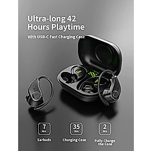 Bluedio S6 Sport Earhooks Earphones Wireless Earbuds Bluetooth Headphones 42hrs Play with LED Display Charging Case Built-in Mic Headset for Sports Running Workout Black