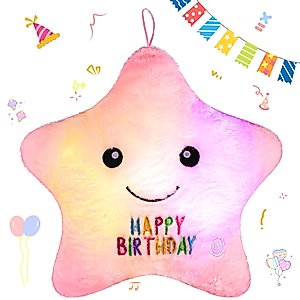 Lineshading 15'' Twinkle Plush Pillows LED Happy Birthday Star Pillow Sensory Light up Plush Toys Night Lights Star Shaped Stuffed Pillow Pink Glowing Birthday Gift for Birthday Gifts Party Favors