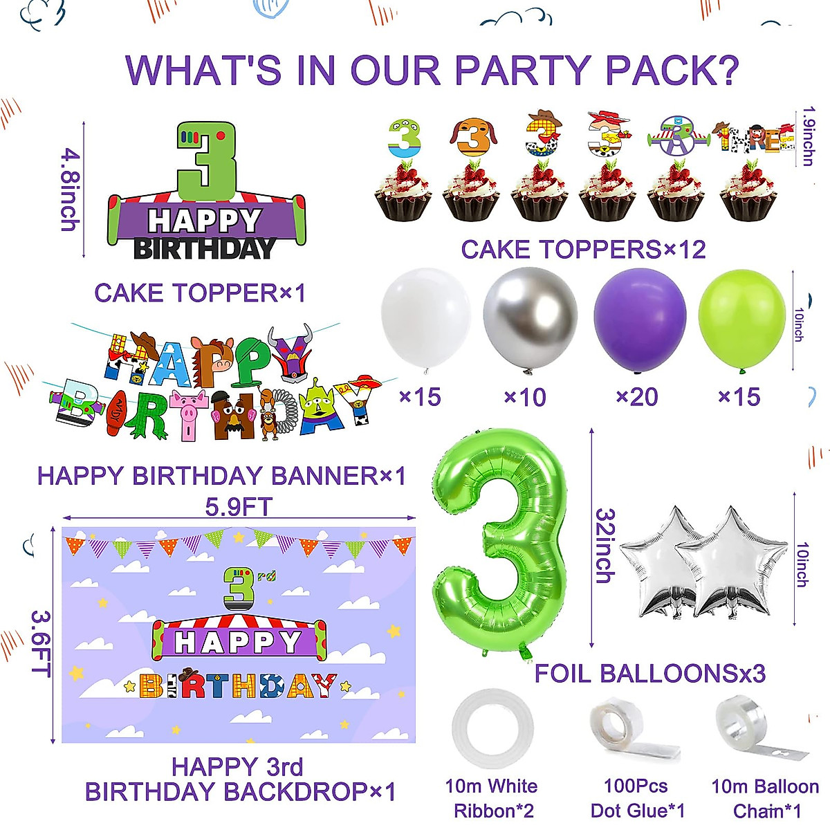 Crenics 3rd Birthday Decorations for Girls or Boys - 3rd Birthday Backdrop, Banner, Balloon Arch Kit, Number 3 Balloon with Cake Toppers for Toy Inspired Story Theme 3 Birthday Party Supplies