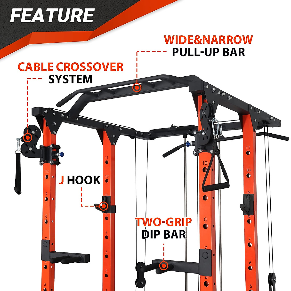 ER KANG Fitness Power Cage, Cable Crossover Machine with LAT Pull Down Bar, T Bar, Cable Bar/Handle for Home Gym Strength Training Orange