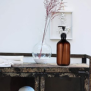 sdoot Shampoo Bottles with Pump, 17oz Refillable Amber Plastic Pump Dispenser Bottle for Soap Shampoo Conditioner, 2 Pack