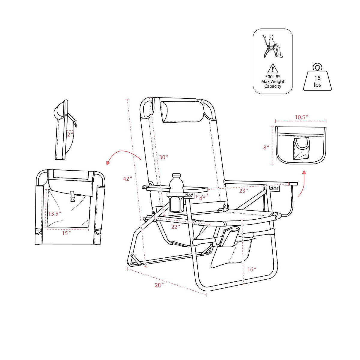 Big Jumbo 500 lbs XL Aluminum Heavy Duty Beach Chair for Big & Tall - 4 Reclining Positions
