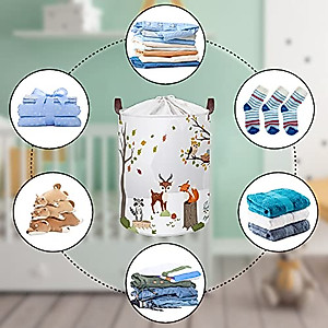 Clastyle 45L Woodland Animals Laundry Basket Collapsible Waterproof Forest Fox Storage Basket with Handle Kids Room Jungle Deer Laundry Hamper with Drawstring, 14 * 17.7 in