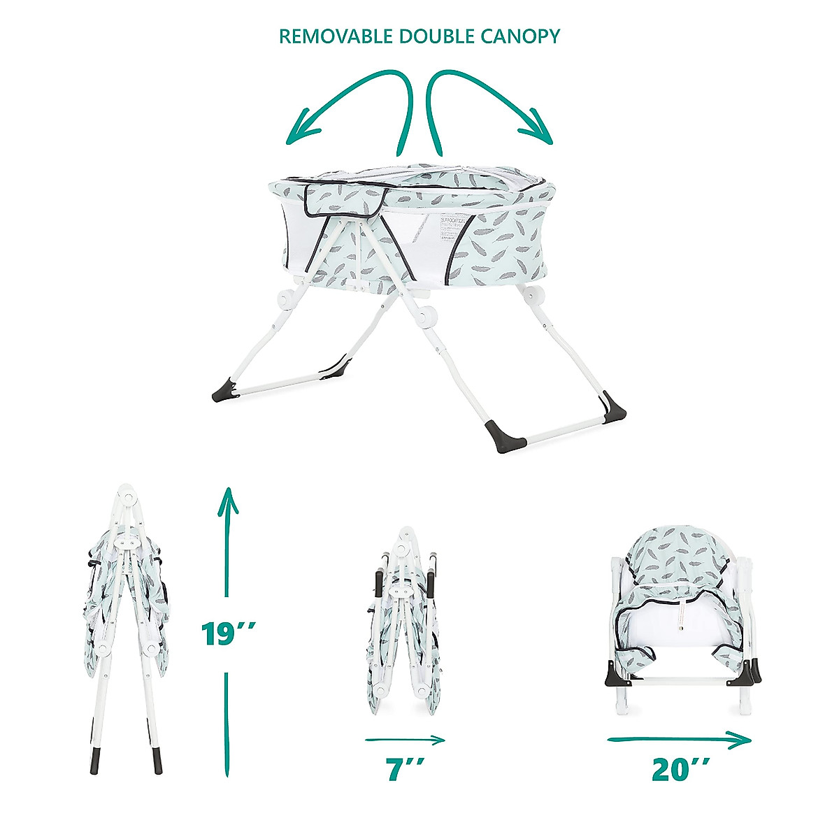 Dream On Me Karley Plus Baby Bassinet, Lightweight Compact Portable Bassinet, Easy and Quick Fold with Removable Double Canopy, Breathable Mesh Design, Ice Blue