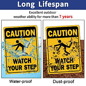 (4 Pack) Caution Watch Your Step Sign Safety Sign, 10 x 7 Inches rectangle.040 Rust Free Aluminum, UV Protected and Waterproof, Weather Resistant, Durable Ink, Easy to Mount