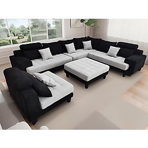 Stendmar L Shape U Shape Reversible Modern Microfiber Fabric Sectional Couch Sofa Set S150D (S150DBK-Black, 142-182" L x 110-150" D x 35" H)