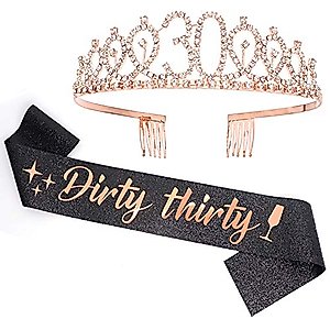 "Dirty Thirty" Sash & Rhinestone Tiara Set - 30th Birthday Gifts Birthday Sash for Women Birthday Party Supplies (Black Glitter/Rose Gold)