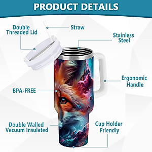 ALAZA Fox Head Galaxy 40 oz Tumbler Stainless Steel Water Bottle Vacuum Insulated Cup with Straw Lid & Handle For Travel Car Cup Holder