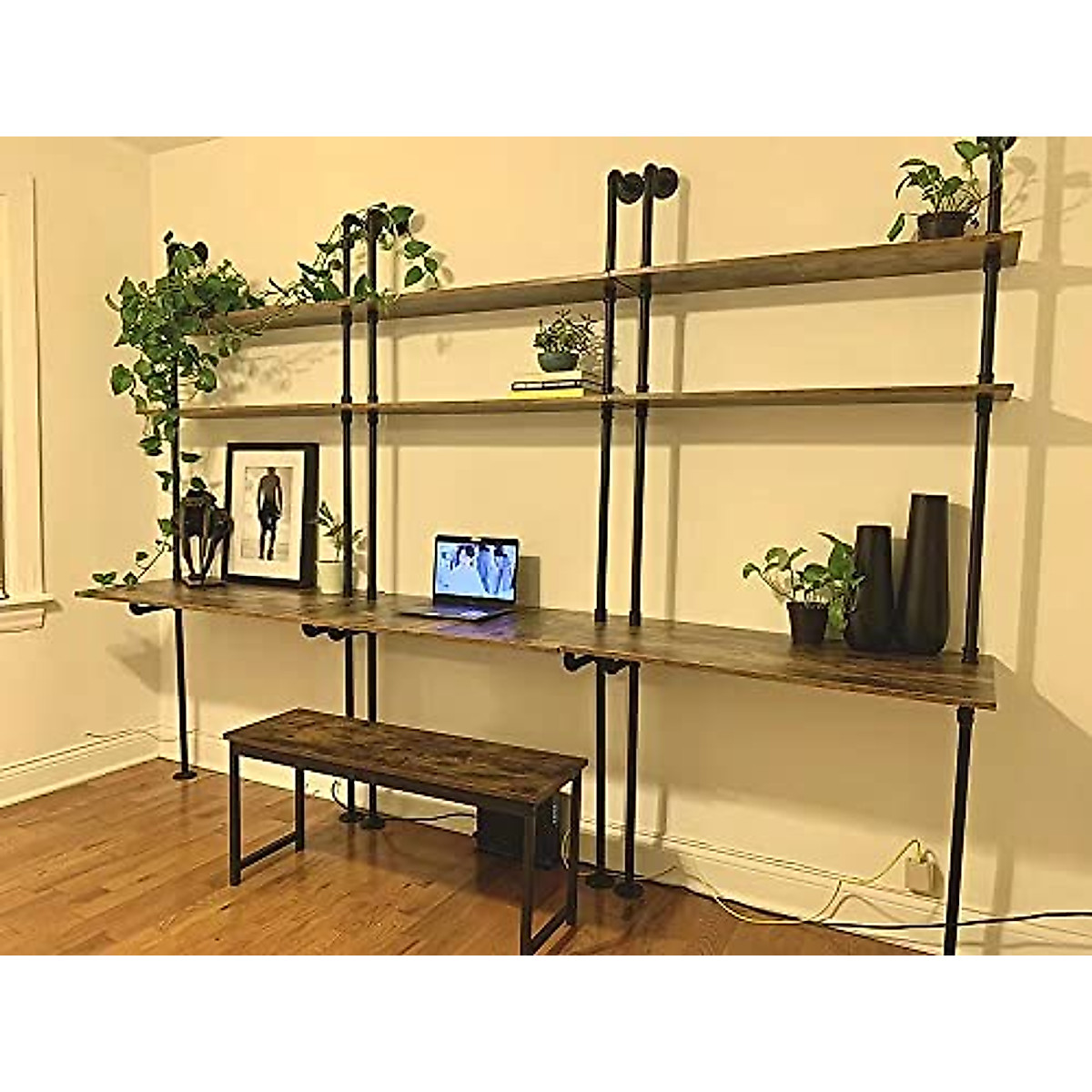 ZIOTHUM Wall Mount Desk, Ladder Desk, Shelf Desk, Industrial Desk, Wall Table, Computer Laptop Desk with Shelves, Industrial Bookcase Desk Wall Mount Floating Pipe Table with Storage (36x20x81)