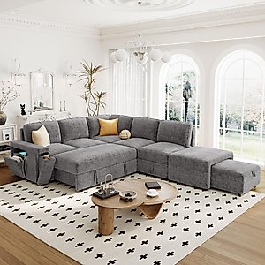 LUMISOL Sectional Sofa with Storage Space, 6 Seat Modular Couch with Cup Holders on The Armrests and USB Ports, L-Shaped Indoor Funiture with Ottoman and Pull-Out Structure for Living Room, Gray