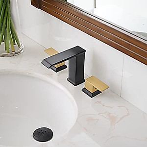 BWE Waterfall Bathroom Faucet Black and Brushed Gold 3 Holes 8 Inch Two Handles Vanity Bathroom Sink Faucet with Pop Up Drain Stopper and Supply Lines Square Bath Lavatory Mixer Tap