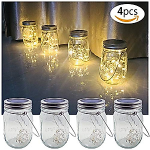 Solar Mason Jar Lights, 4 Pack 30 Leds Waterproof Fairy Firefly String Lights Build-in Glass Mason Jar, Best Patio Garden Decor Solar Hanging Lanterns Outdoor Warm White (4 Pack-Mason Jars Included)