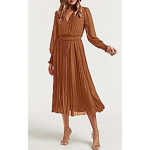 PRETTYGARDEN Wrap V Neck Fall Dresses for Women 2023 Long Sleeve Smocked Wedding Guest Dresses Flowy Pleated Midi Dress (Brown,X-Large)