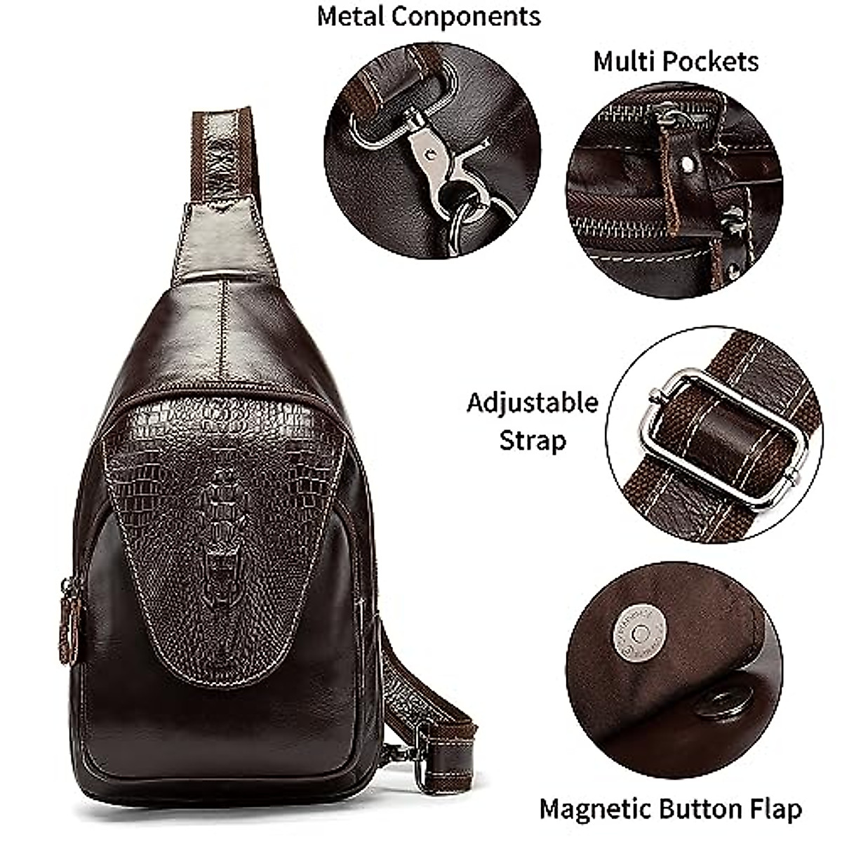 NIUCUNZH Handmade Genuine Leather Crossbody Sling Bag Crocodile Embossing Chest Bag Waterproof Shoulder Bag Coffee