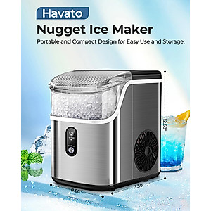 Havato Nugget Ice Maker Countertop with Soft Chewable Pellet Ice,Pebble Portable Ice Machine with Ice Scoop, 34lb in 24Hrs, One-Click Operation, Self-Cleaning, Stainless