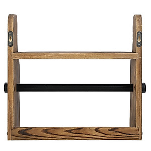 MyGift Wall Mounted Solid Burnt Wood Paper Towel Holder and Spice Rack Storage Shelf with Industrial Black Metal Bar for Easy Refill, Countertop Standard Roll Paper Towel Dispenser and Display Shelf