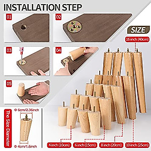 CtopoGo Wooden Solid Wood Round Furniture Legs 4 Inch Set of 4 Mid-Century Modern Sofa Replacement Parts Couch Bed Coffee Chair Desk Table Feet Legs with Pre-Drilled Bolts