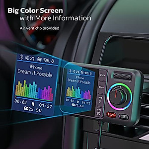 Nulaxy Bluetooth FM Transmitter for Car, Wireless Car Bluetooth Adapter V5.0 with Big Color Screen, Support Hands-Free Call, Siri&Google, MP3 Music Player BASS&TRE Booster, TF Card/AUX-KM28