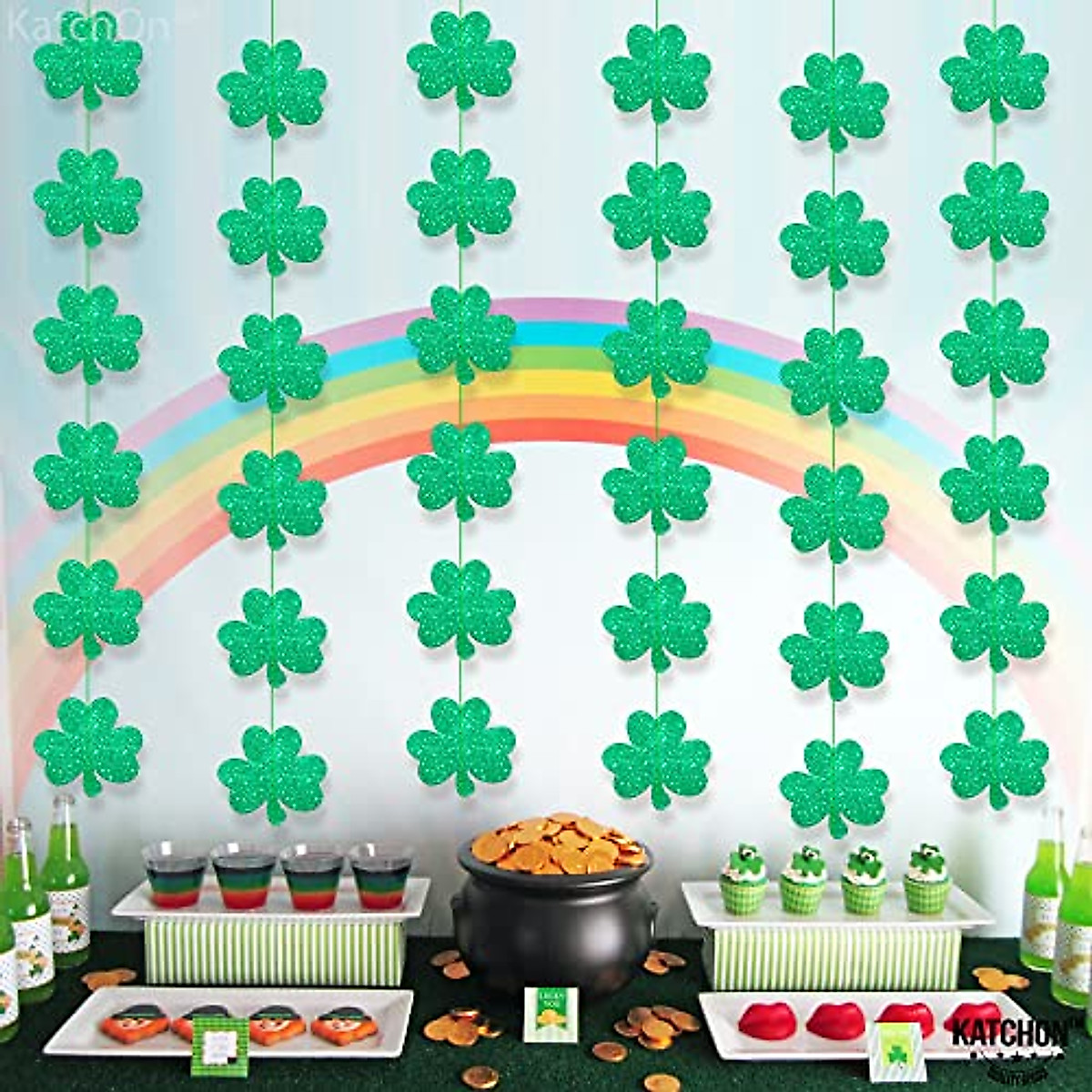 KatchOn, Glitter St Patricks Day Shamrock Garland - 6 Strings, No DIY | St Patricks Day Banner, St Patricks Day Decorations | Clover Garland Banner, St Patricks Day Garland, St Paddys Day Decorations