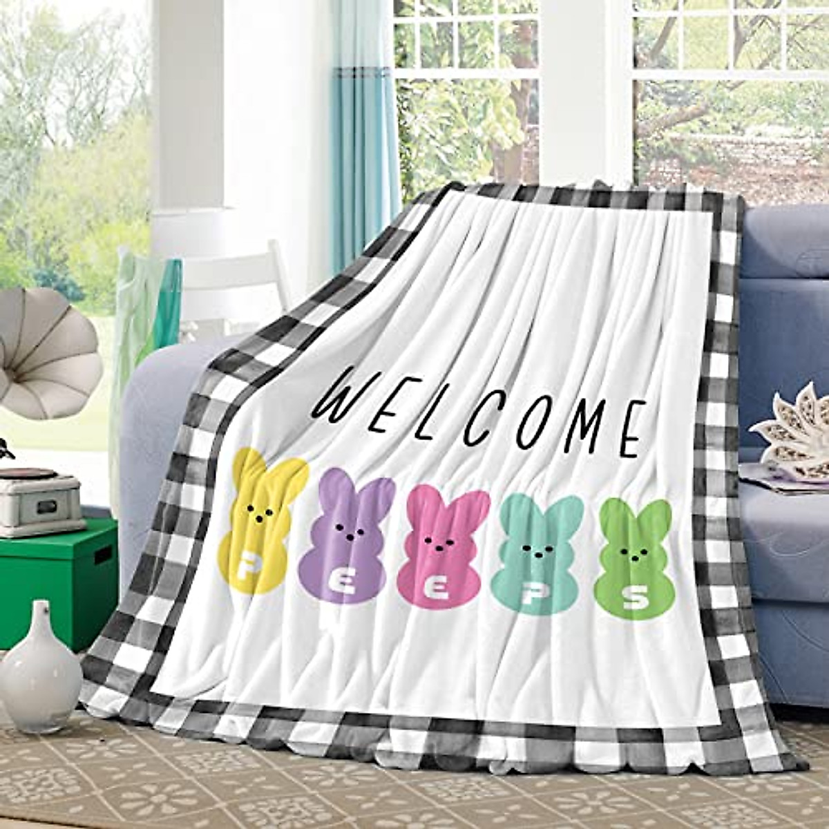 Flannel Fleece Blanket Soft Comfy Throw Blankets 50x60in Easter Colorful Cartoon Rabbit Peeps Warm Cozy Fluffy Plush Lightweight Throw Blanket for Couch Bed Sofa Travel Quote and White Black Lattice
