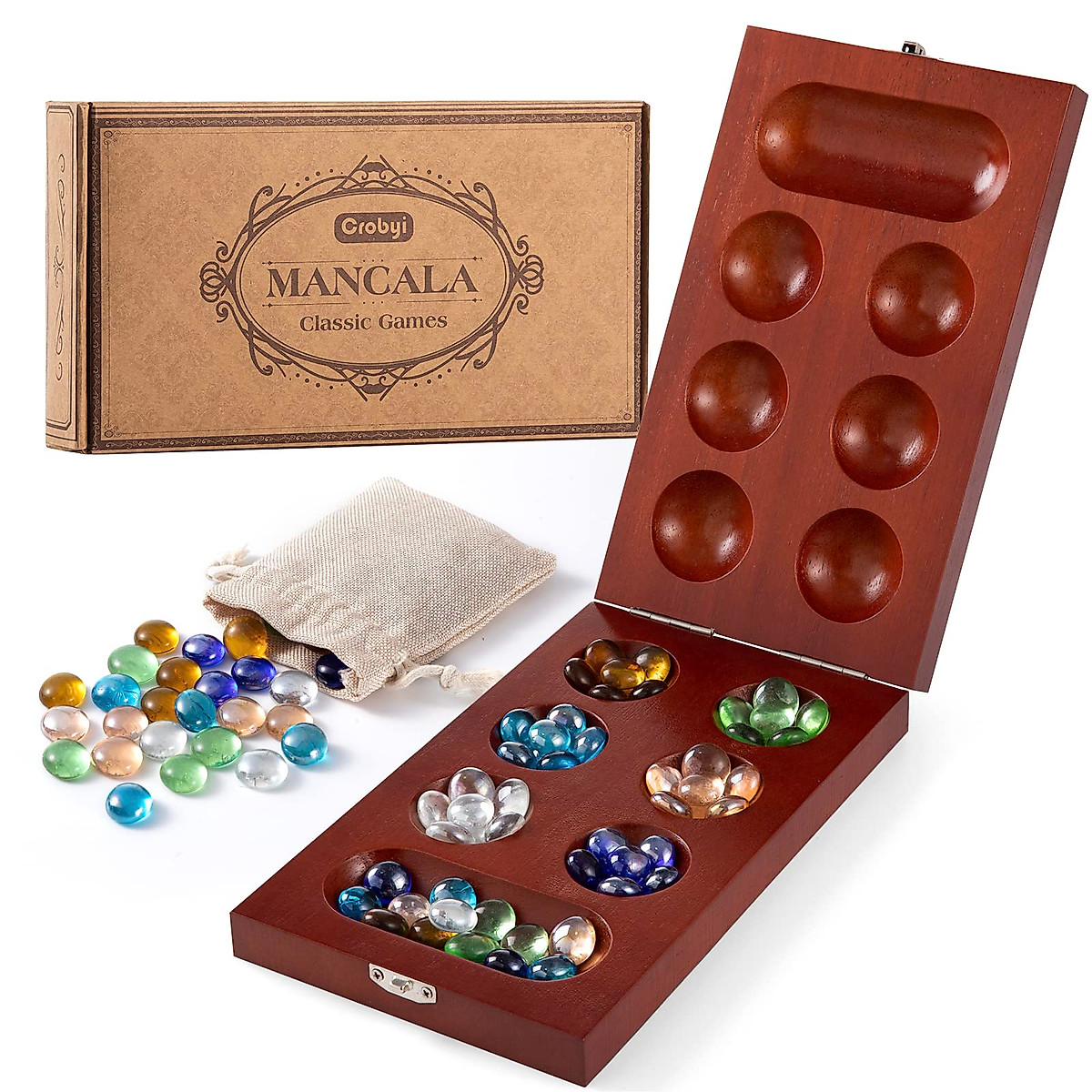 Crobyi Mancala Board Game Set for Kids & Adults, Includes Portable Folding Rubber Wood Board, 48+5 Glass Stones, Stones Storage Bag & Mancala Instructions. Classic Marble Board Game for Family.
