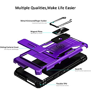 Nvollnoe Google Pixel 7 Pro Case, Purple Heavy Duty Protective Sturdy Rotate Ring Kickstand Phone Case with Sliding Camera Cover, Military Grade, TPU+PC 2 in 1 Construction