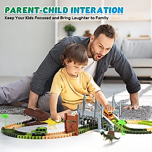 EagleStone 194 Pcs Dinosaur Race Car Tracks Set for Kids,Flexible Train Tracks to Create A Dino World Road with Bridge,2 Electric Cars with LED Light,Best Gift for Toddlers Boys and Girls
