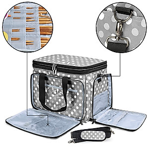 Luxja Knitting Bag, Yarn Bag with Cover and Shoulder Strap, Yarn Tote Bag for Carrying Projects, Knitting Needles (up to 14”), Circular Needles, Crochet Hooks and Other Accessories, Gray Dots