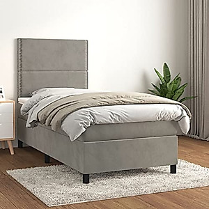 vidaXL Light Gray Velvet Twin XL Box Spring Bed with Mattress - Adjustable, Solid Larch Wood, Plywood, and Engineered Wood - Modern Style Single Bed