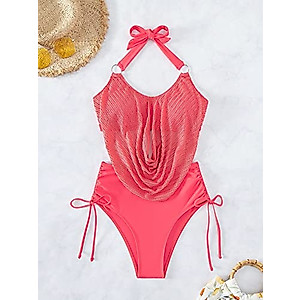 MakeMeChic Women's 2 Piece Bathing Suits Ring Linked Drape Drawstring High Waisted Tankini Swimsuit Watermelon Pink S