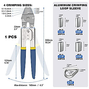 Sanuke Wire Rope Crimping Swaging Tool Cable Crimps up to 2.2mm(2/32inch) with 160pcs 4sizes Aluminum Double Barrel Ferrule Loop Sleeve and 10pcs Stainless Steel Thimble Assortment Kit
