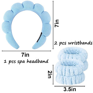 ANEESAA Spa Headband for Washing Face Wristband Set Sponge Makeup Skincare, Terry Cloth Bubble Soft Get Ready Hairband for Women Girl Puffy Padded Headwear Thick Hair Accessory (Blue)