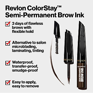 Revlon ColorStay 5-in-1 Semi-Permanent Brow Ink with Spoolie Brush, Waterproof, Transfer-proof, Smudge-proof, Easy to Remove Eyebrow Makeup, 352 Soft Brown Ink, 0.09 fl oz.