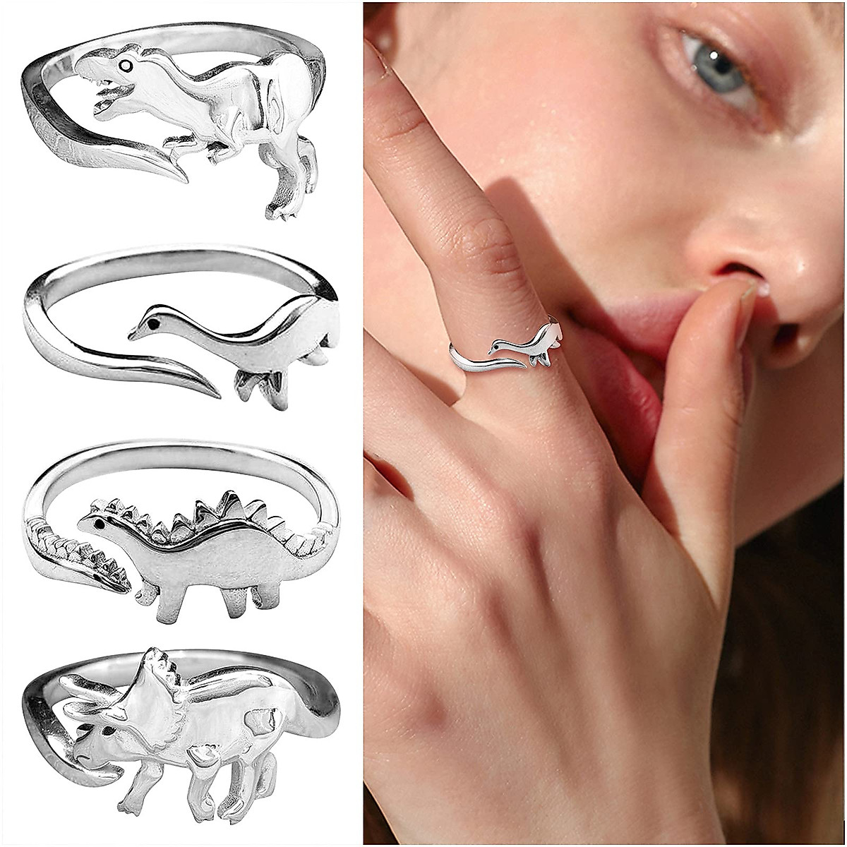 Sterling Silver Cute Dinosaur Ring Sets Silver Band Ring Stackable Finger Rings Sliver Rings Adjustable Minimalist Rings Tiny Dragon Rings for Women Men Jewelry Gifts Toddler Ring (silver, One Size)
