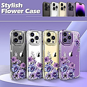 OKP Case [3 in 1] for iPhone 14 Pro, with Screen Protector & Camera Lens Protector, Floral Slim Shockproof Cute Phone Case 6.1 inch 2022 Clear Glitter Protective Cover for Women Girl, (Purple/01)