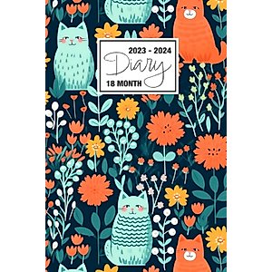 2023 - 2024: 18 Month Diary A5 Week to View on 2 Pages Weekly Journal Agenda WO2P Planner Jul 23 to Dec 24 Horizontal With Moon Phases, UK & US ... Feline Garden Adorable Cat And Floral Pattern