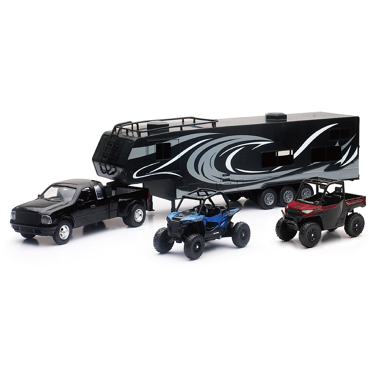 New Ray Toys Die cast Pick up Truck with Toy Hauler and 2 Polaris Vehicles (Blue RZR and red Ranger)