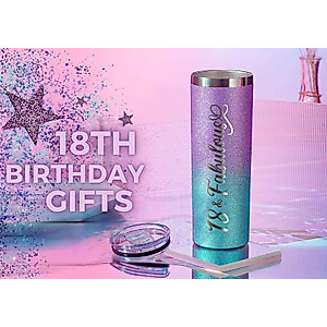 Onebttl 18th Birthday Gifts for Girls, Women, Her - 18 and Fabulous -20oz/590ml Stainless Steel Insulated Glitter Tumbler with Straw, Lid, Message Card - (Purple-Blue Gradient)