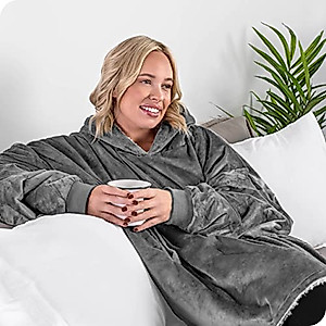 Bare Home Sherpa Fleece Wearable Blanket - Oversized Wearable Blanket Hoodie - Adult Size - Warm & Cozy - Soft Plush Blanket - Comfortable Blanket Sweatshirt with Dual-Sided Pocket (Adult, Grey)