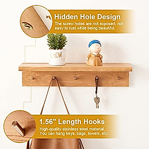 TRWISWDC Coat Rack Shelf Wall Mounted Oak Wood Entryway Shelf with 5 Hooks Wall Coat Hook Rack with Floating Shelf for Bedroom, Living Room, Kitchen (Natural,20 inch)