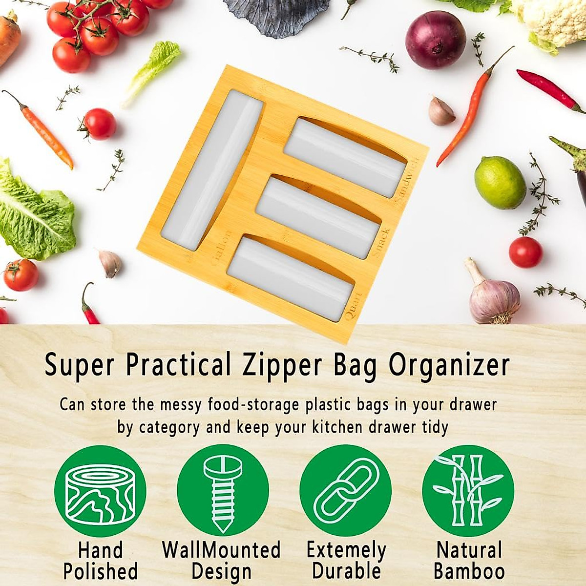 Ziplock Bag Storage Organizer for Kitchen Drawer, Food Storage Bags Organizer Baggie Organizer Holders Dispenser for Kitchen Drawer, Suitable for Gallon, Quart, Sandwich & Snack Bags