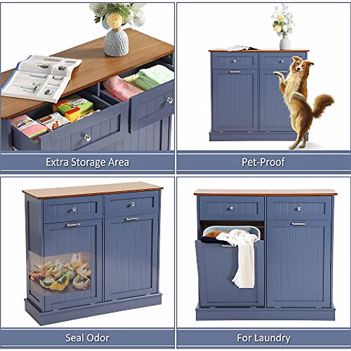 KIGOTY Dual Kitchen Trash Cabinet, Double Tilt Out Trash Can Cabinet with Countertop and Drawer, Free-Standing Pet Proof Recycling Cabinet Garbage Can Holder (Blue)