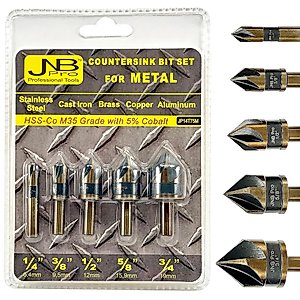 JNB Pro Metal Countersink Drill Bit Set - 5PC High-Speed Steel with M35 HSS-Co Grade 5% Cobalt, Sizes 1/4", 3/8", 1/2", 5/8" & 3/4", 82° 5-Flute Design, 1/4" Shank - Ideal for Stationary or Hand Drill