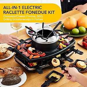 Befano 6-Cup Electric Cheese Fondue Pot, Combo with Raclette Machine for 8 People and Indoor Grill, Simple Adjustable Thermostats, Perfect for Parties and Family Fun