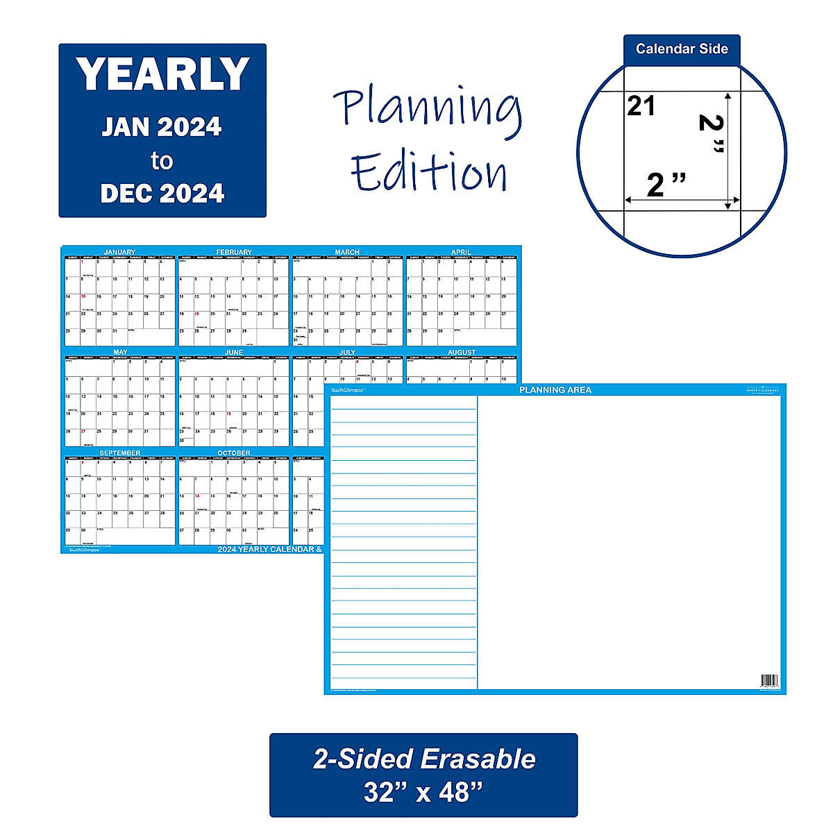 32" x 48" SwiftGlimpse 2024 Wall Calendar Erasable Large XL Wet & Dry Erase Laminated 12 Month Annual Yearly Wall Planner, Horizontal, Navy