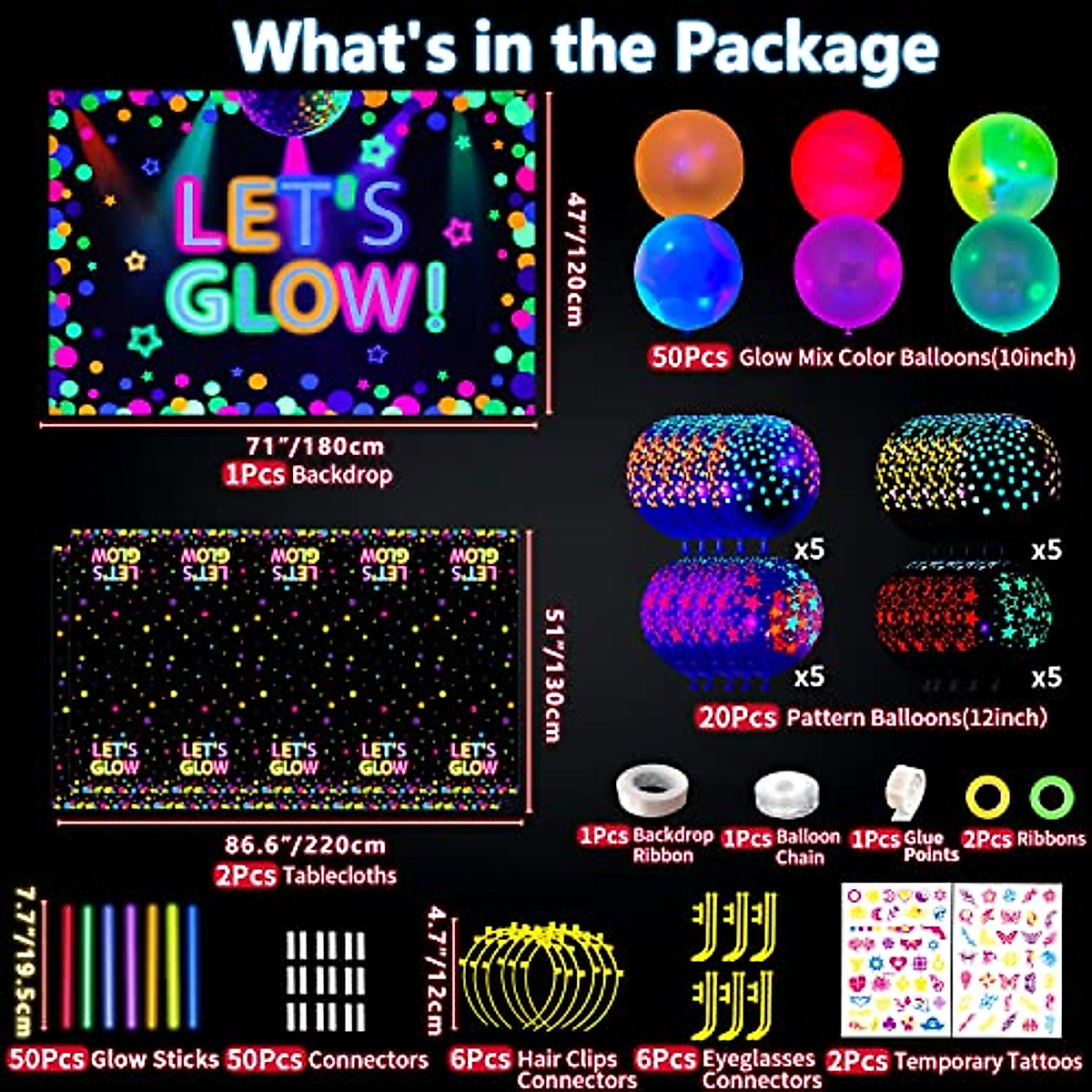 192 Pcs Glow in The Dark Party Supplies - Include Let's Glow Neon Party Backdrop, Neon Balloons, Tablecloth, Glow Sticks Party Pack, Glow Party Supplies Blacklight Neon Party Decorations